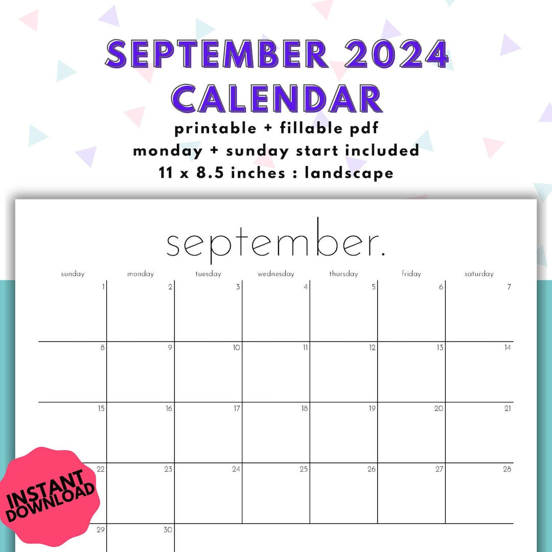 September 2024 Printable, Digital, Fillable Calendar With Sunday ...