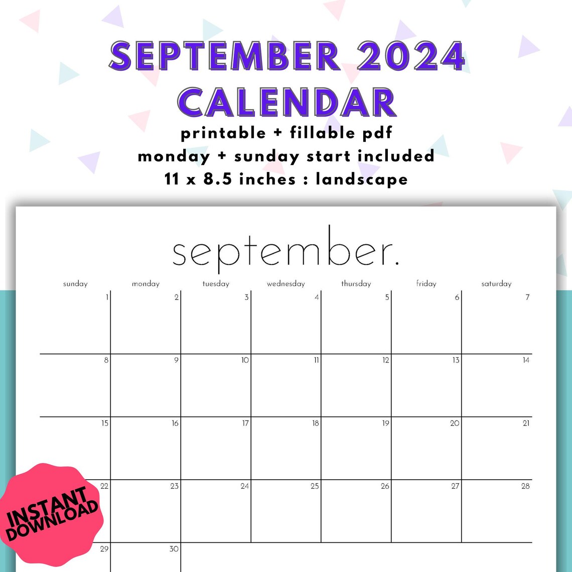 September 2024 Printable, Digital, Fillable Calendar With Sunday ...