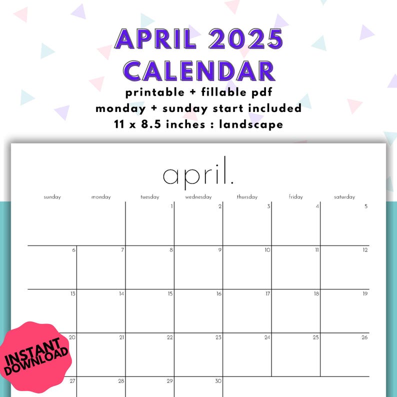 April 2025 Calendar, Digital Printable Fillable With Sunday & Monday ...