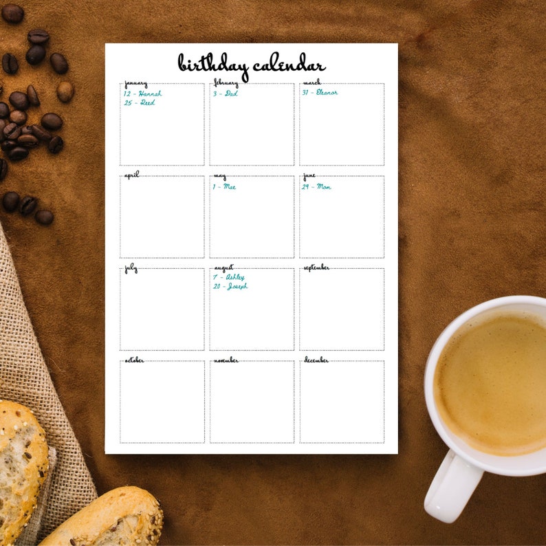 Birthday Tracker Printable Fillable Birthday Calendar - Etsy