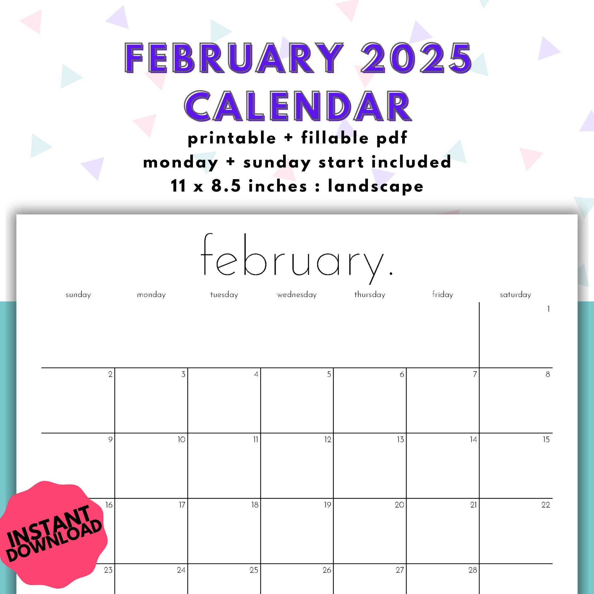 February 2025 Calendar, Digital Printable + Fillable With Sunday ...