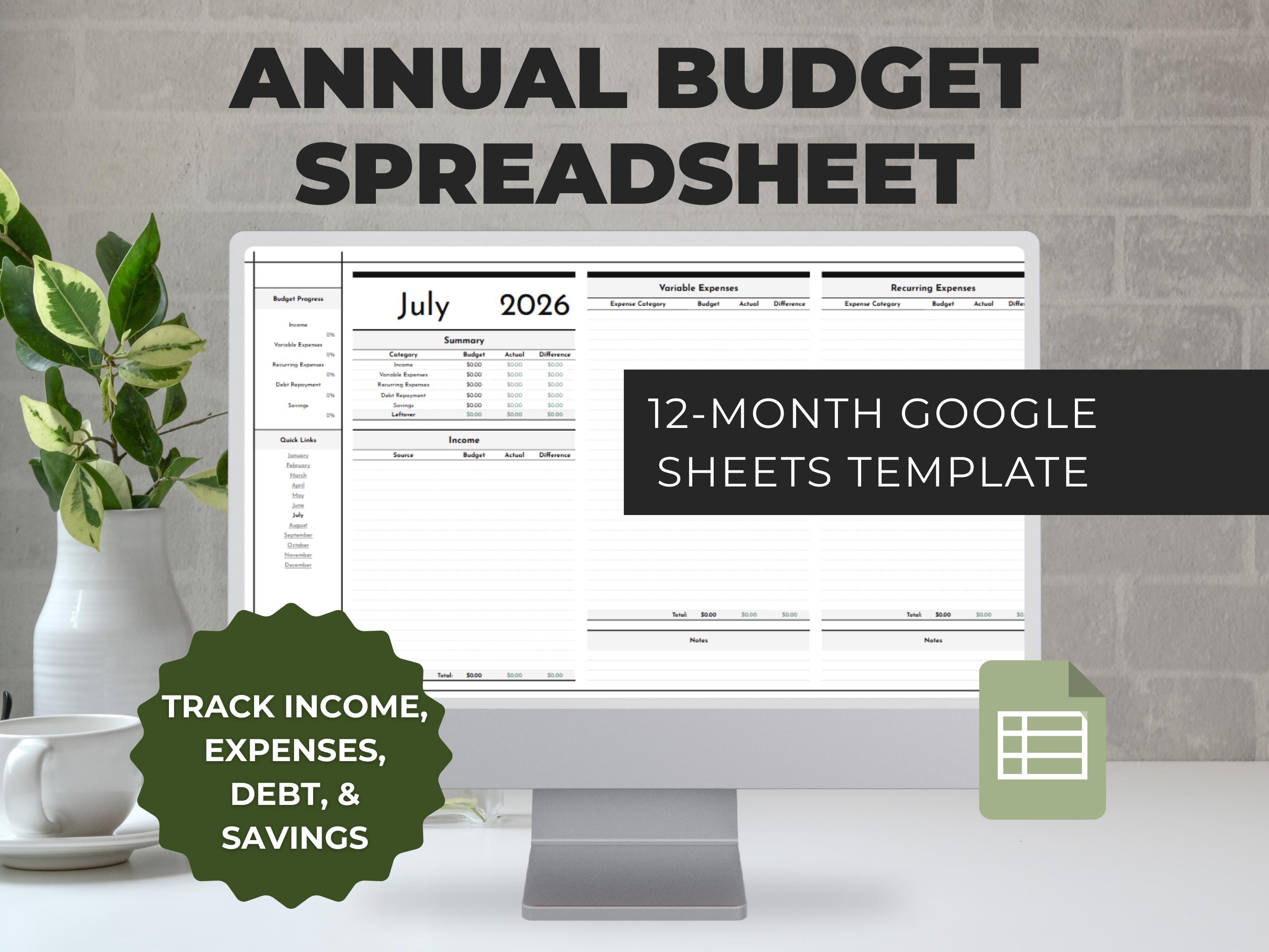 Annual Budget Spreadsheet for Google Sheets | Monthly Budget Tracker ...