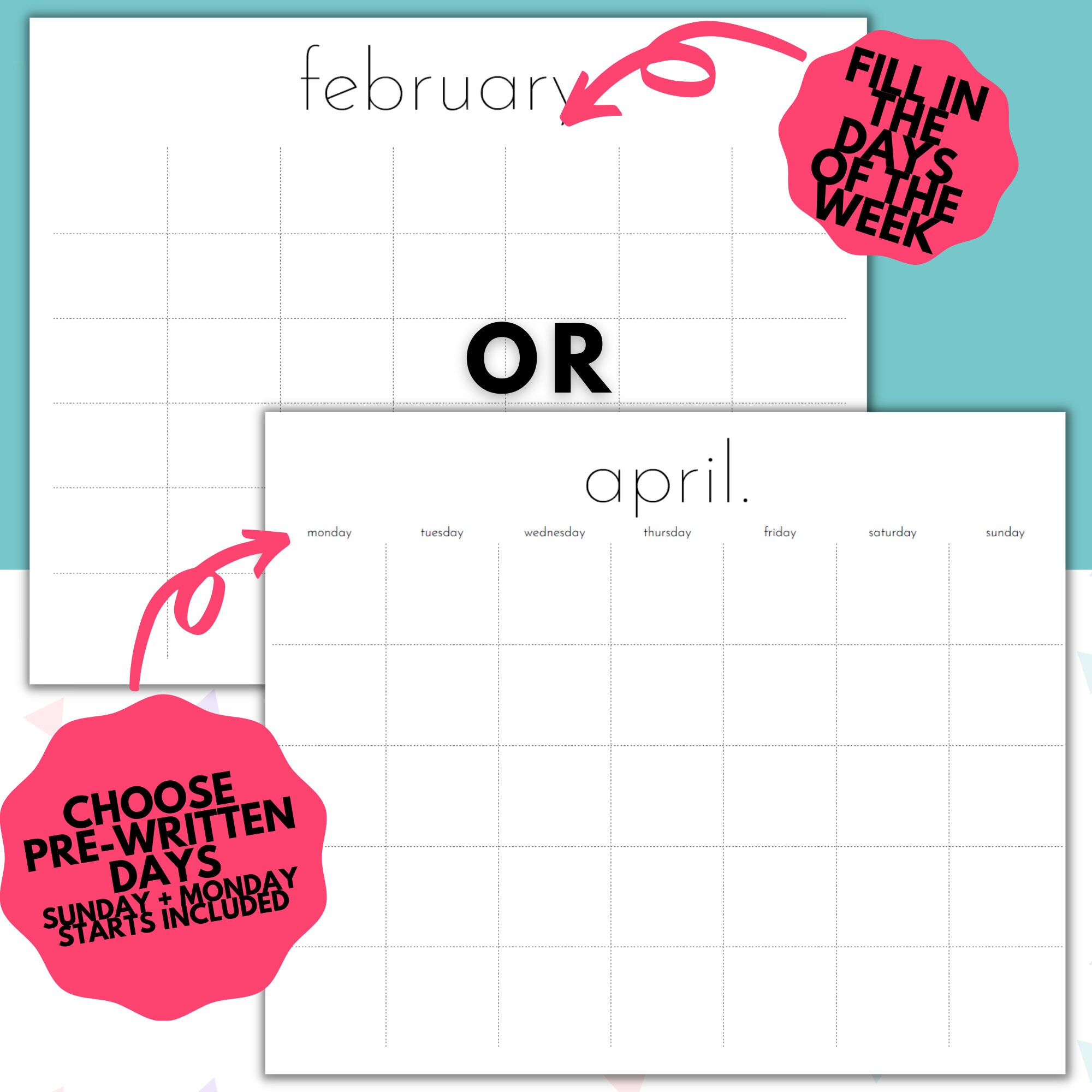 Printable & Fillable Perpetual Blank Calendar, Simple Undated Monthly ...