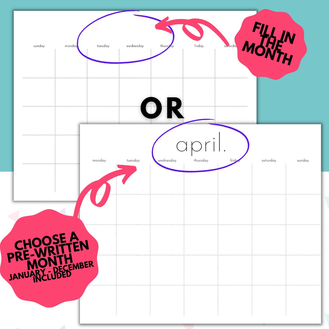 Printable & Fillable Perpetual Blank Calendar, Simple Undated Monthly ...
