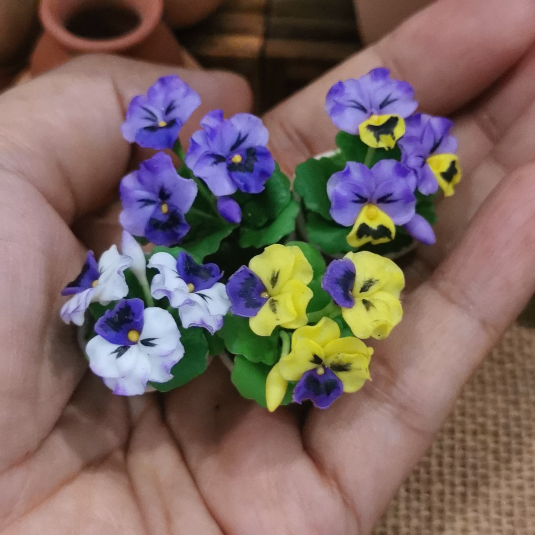 Handmade Miniature Dollhouse Pansy Flower Pot: Purple, White & Yellow ...