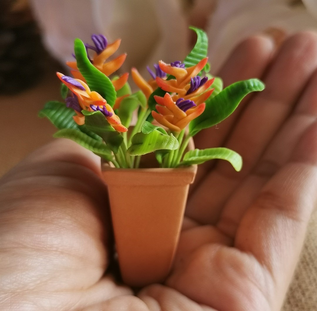 Miniature Clay Heliconia Plant: Dollhouse Tropical Flower Arrangement ...
