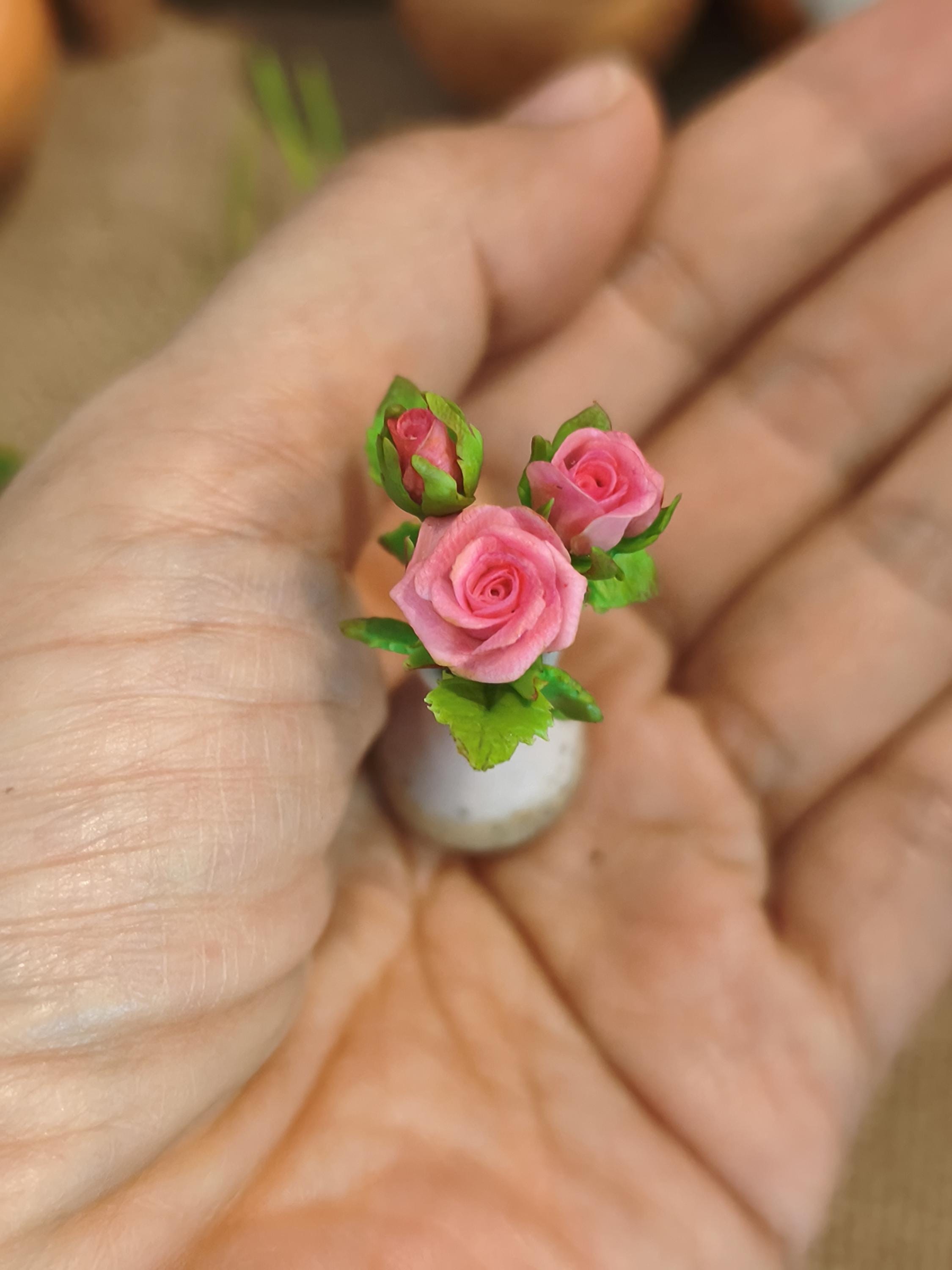 3 Handmade Miniature Clay Rose,pink Color Rose Flowers,dollhouse ...