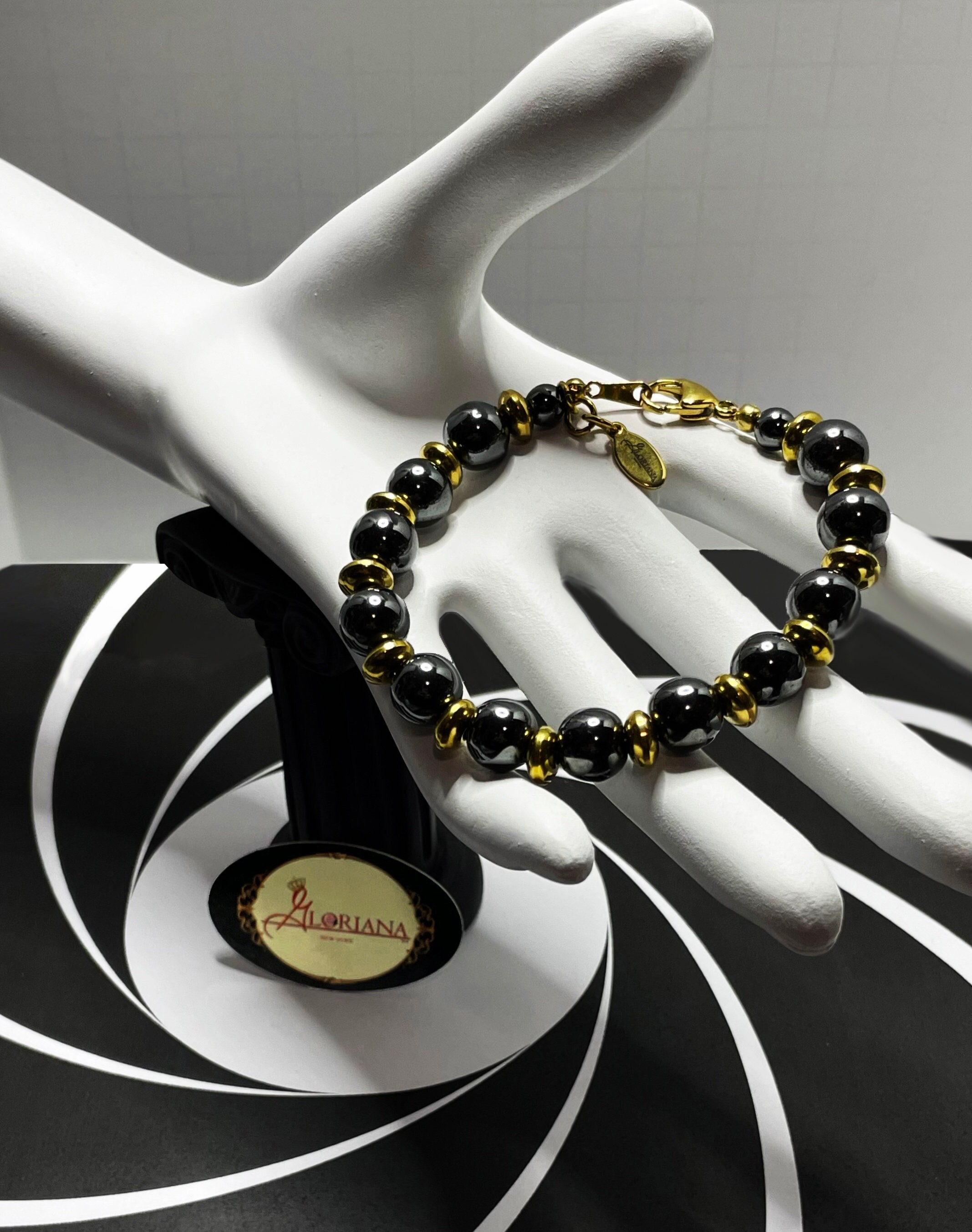 Black and Gold Tone Bracelet, Semiprecious Bracelet, - Etsy