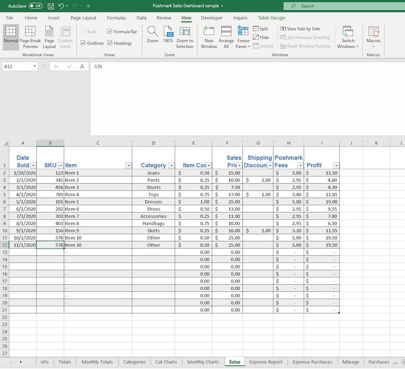 Poshmark Sales Monthly and Expenses Categories Google Sheets | Etsy
