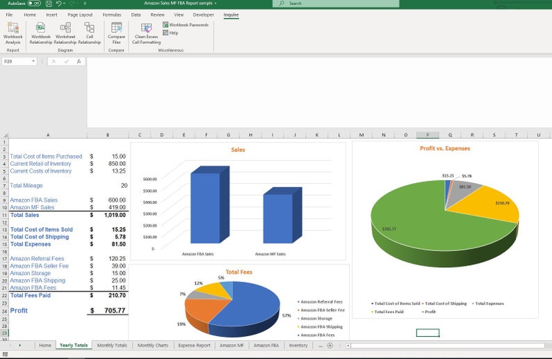 Amazon FBA and MF Sales Monthly and Expenses Profit Google Sheets Excel ...