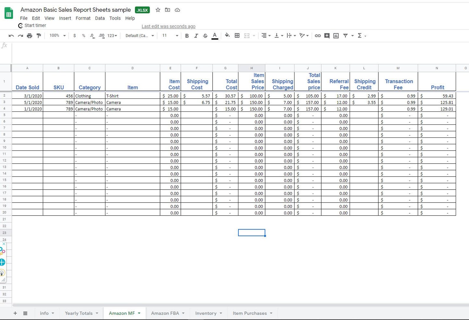 Amazon FBA and MF Sales Spreadsheet Excel Google Sheets Spreadsheet ...