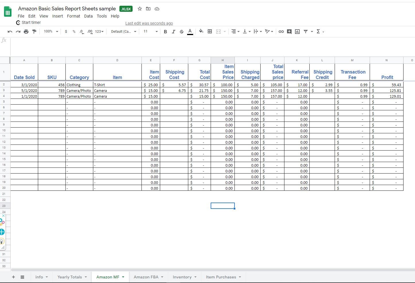 Amazon FBA and MF Sales Spreadsheet Excel Google Sheets Spreadsheet ...
