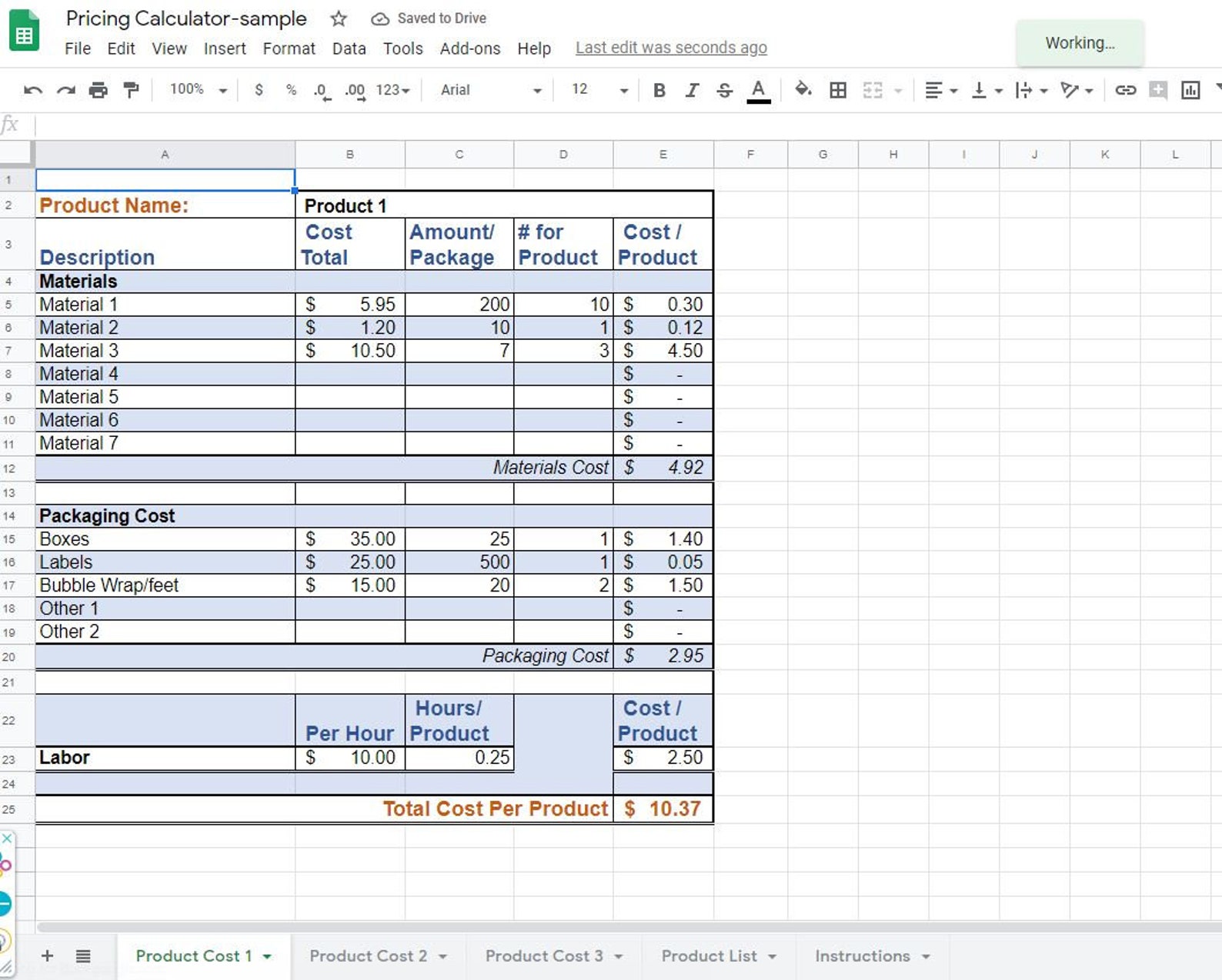 Etsy Product Cost Calculator, Google Sheets Labor Costs, Materials Cost ...