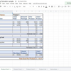 Etsy Product Cost Calculator, Google Sheets Labor Costs, Materials Cost ...