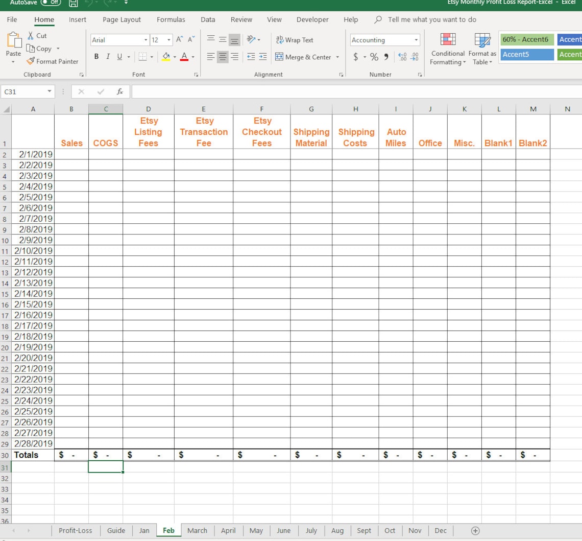 Etsy Spreadsheet Monthly Profit Loss / Income Template | Etsy