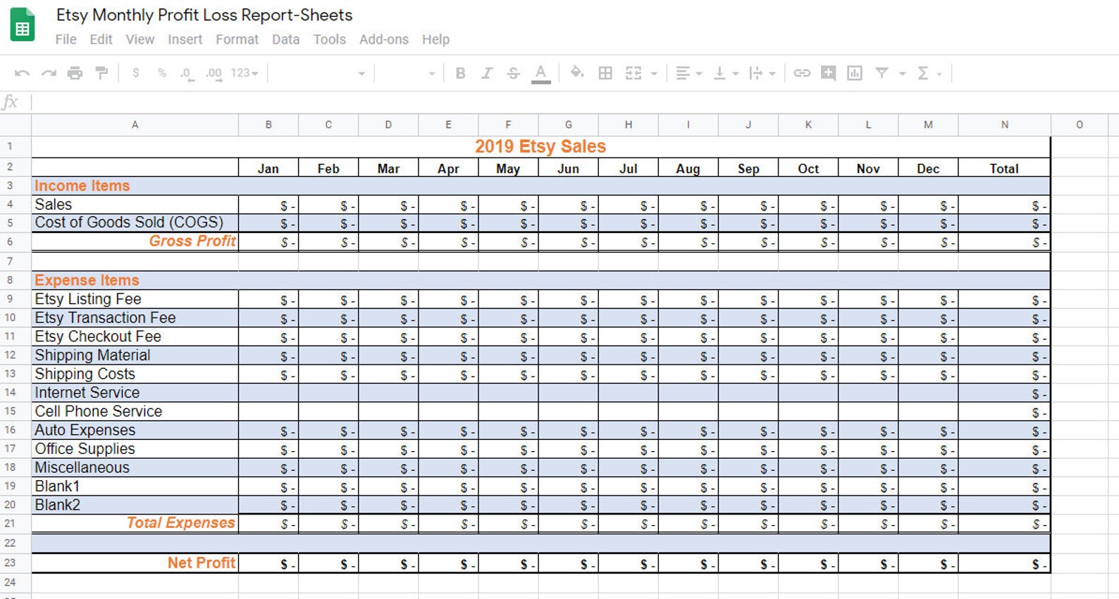 Etsy Spreadsheet Monthly Profit Loss / Income Template | Etsy