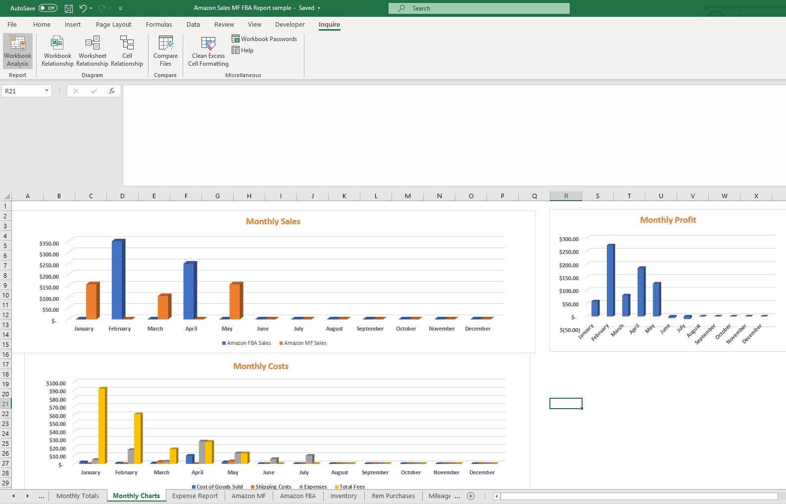 Amazon FBA and MF Sales Monthly and Expenses Profit Google Sheets Excel ...
