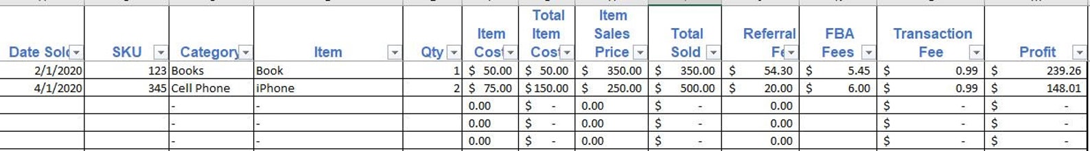Amazon FBA and MF Sales Monthly and Expenses Profit Google Sheets Excel ...