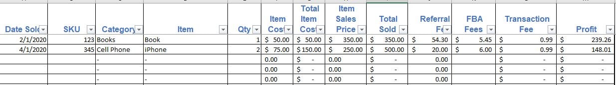 Amazon FBA and MF Sales Monthly and Expenses Profit Google Sheets Excel ...