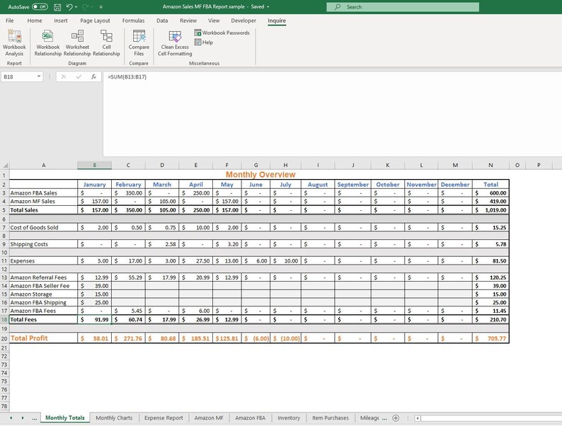 Amazon FBA and MF Sales Monthly and Expenses Profit Google Sheets Excel ...
