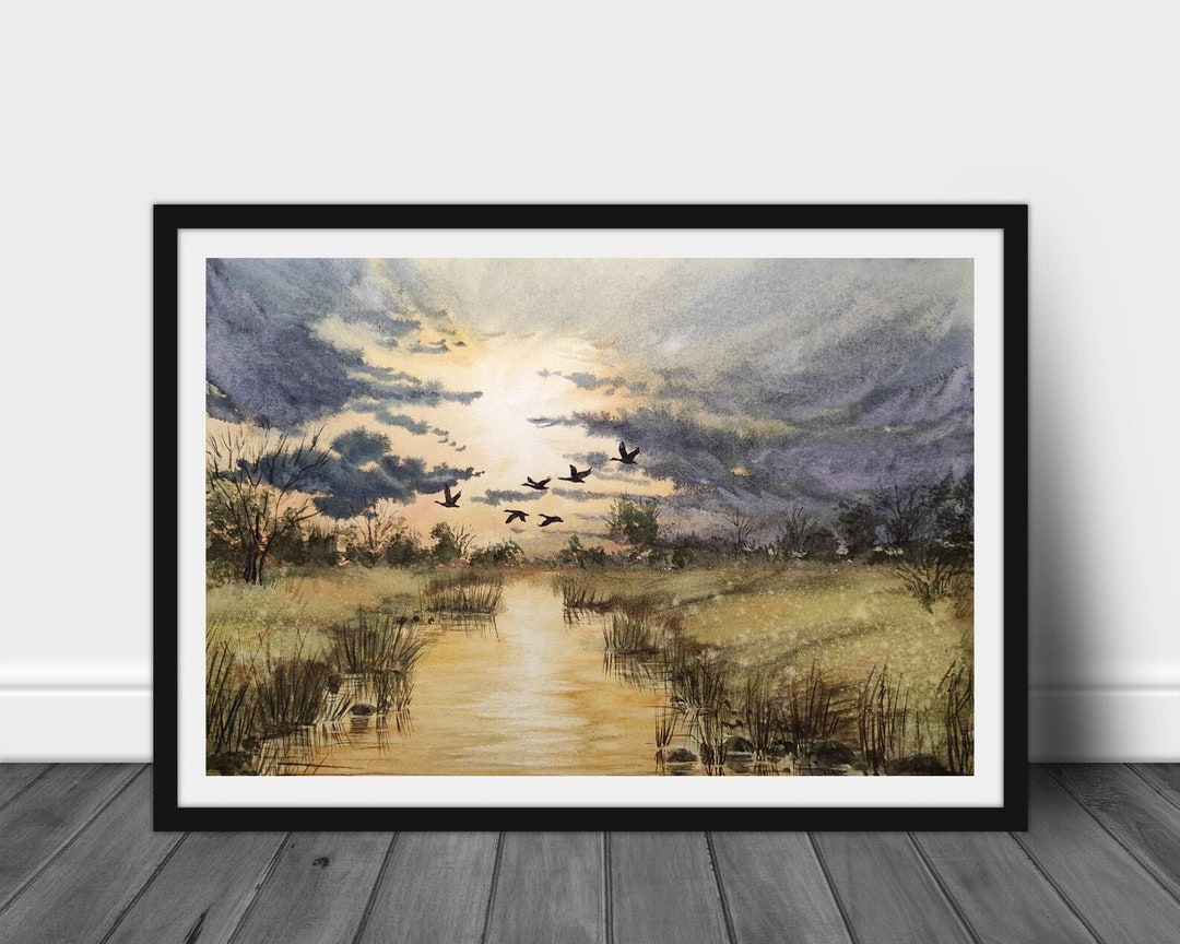 NATURE LANDSCAPE DUCKS Flying Over Water and Colorful Sky Original ...