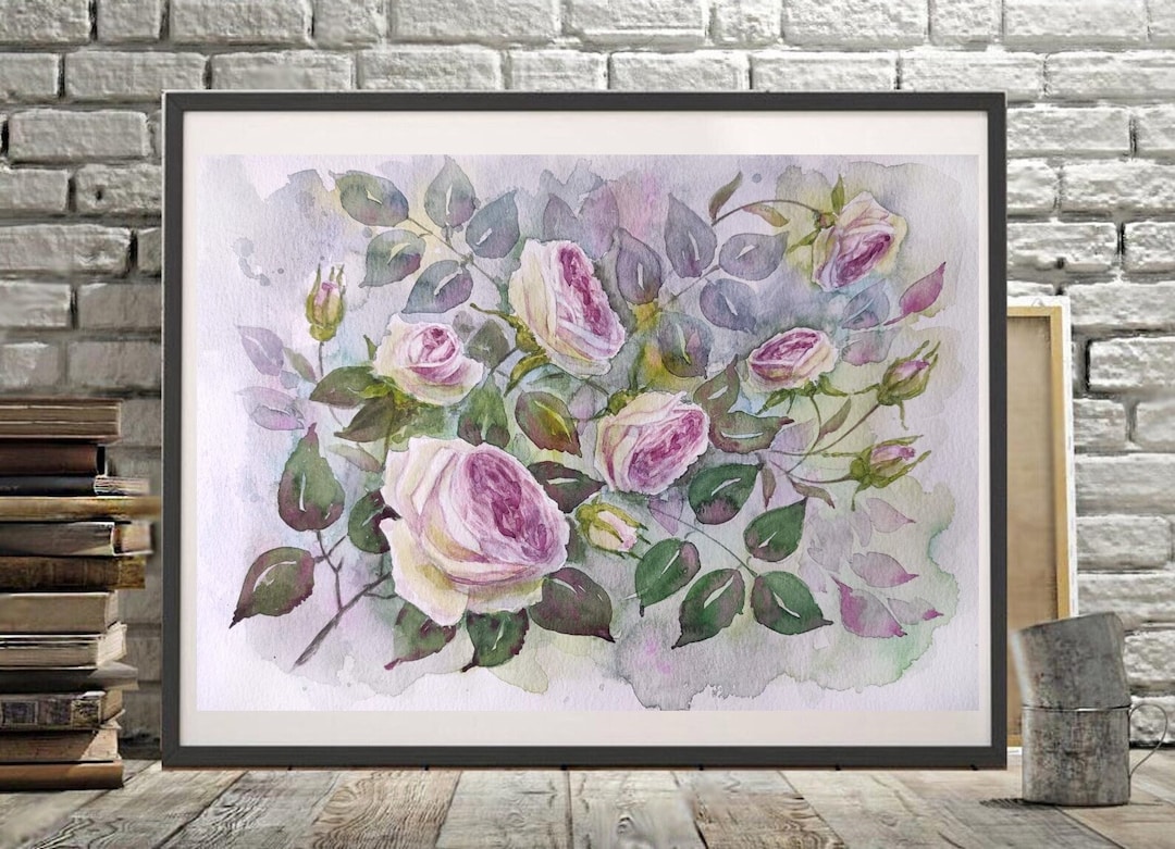 Vintage Shabby Shik Style Pink Rose Hand Painted Original Watercolor ...