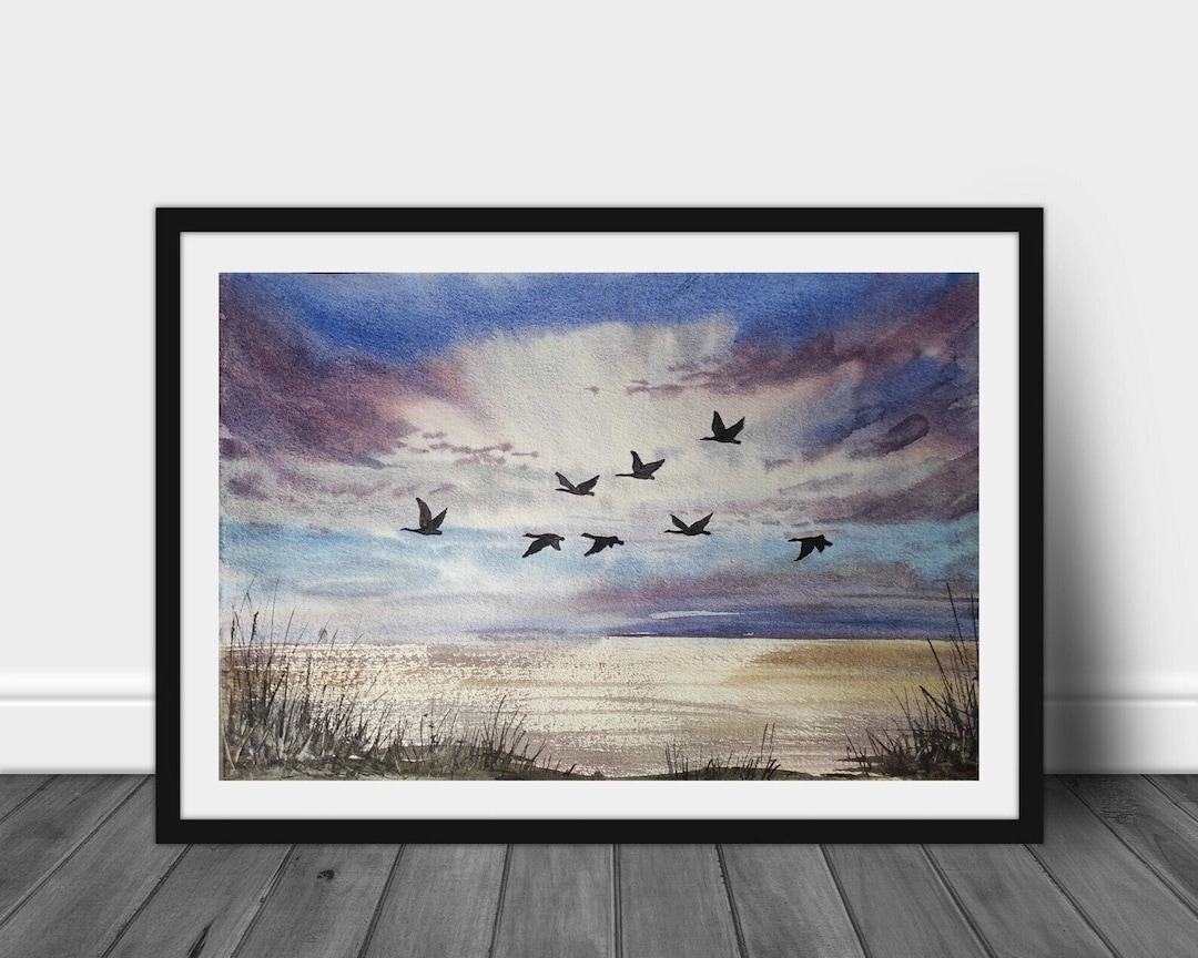 NATURE LANDSCAPE GEESE Flying Over Water & Colorful Sky Original ...