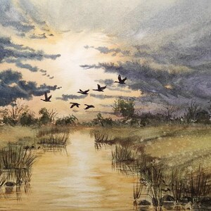 NATURE LANDSCAPE DUCKS Flying Over Water and Colorful Sky Original ...