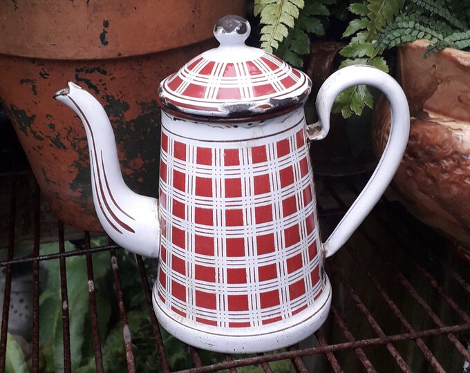Vintage Enamel Coffee Pot, Red and White Check Pattern, Small ...