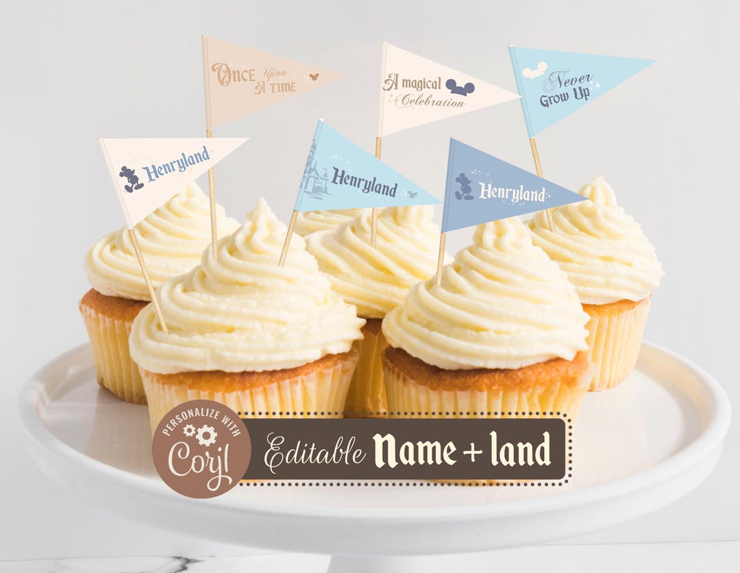 Editable Name Disneyland Cupcake Topper, Mickey Straw Flags, Disney ...