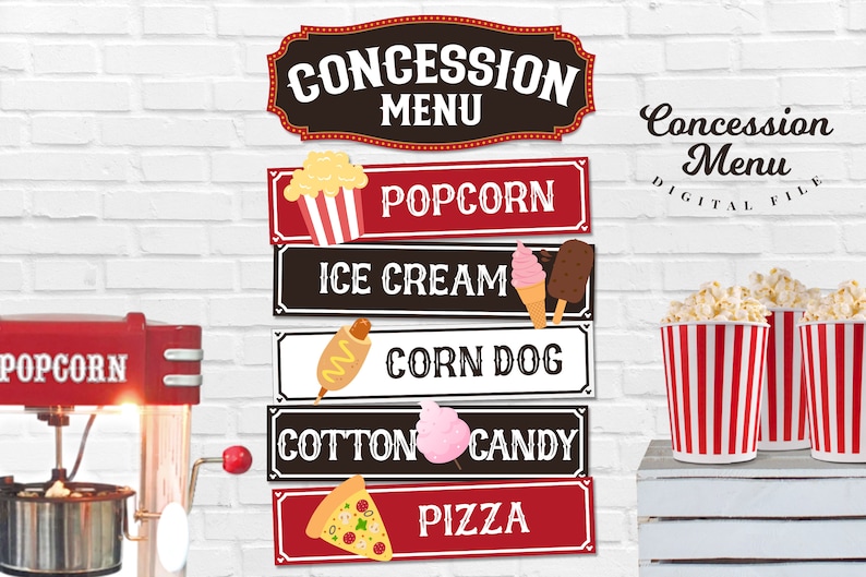 Printable Concession Menu, Snack Bar Menu, Movie Birthday, Movie Night ...