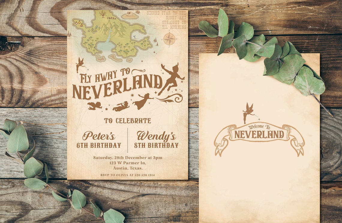 Peter Pan Siblings Birthday Invitation, Neverland Birthday Invitation ...