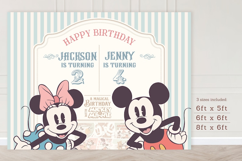 Editable Mickey & Minnie Siblings Birthday Backdrop Mickey - Etsy