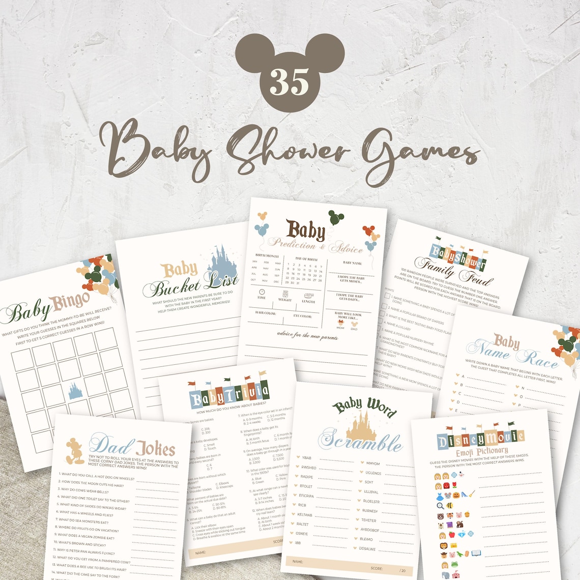 Printable Baby Shower Game Bundle, Disneyland Baby Shower Game Sign ...
