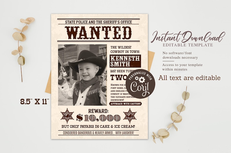 Editable Wanted Poster, Mickey Cowboy Birthday Decoration, Wild West ...