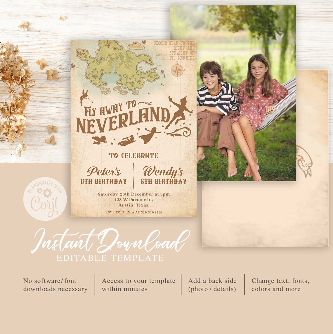 Peter Pan Siblings Birthday Invitation, Neverland Birthday Invitation ...