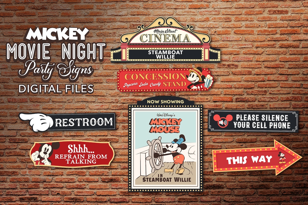 Mickey Movie Night Directional Sign, Mickey Birthday, Main Street ...