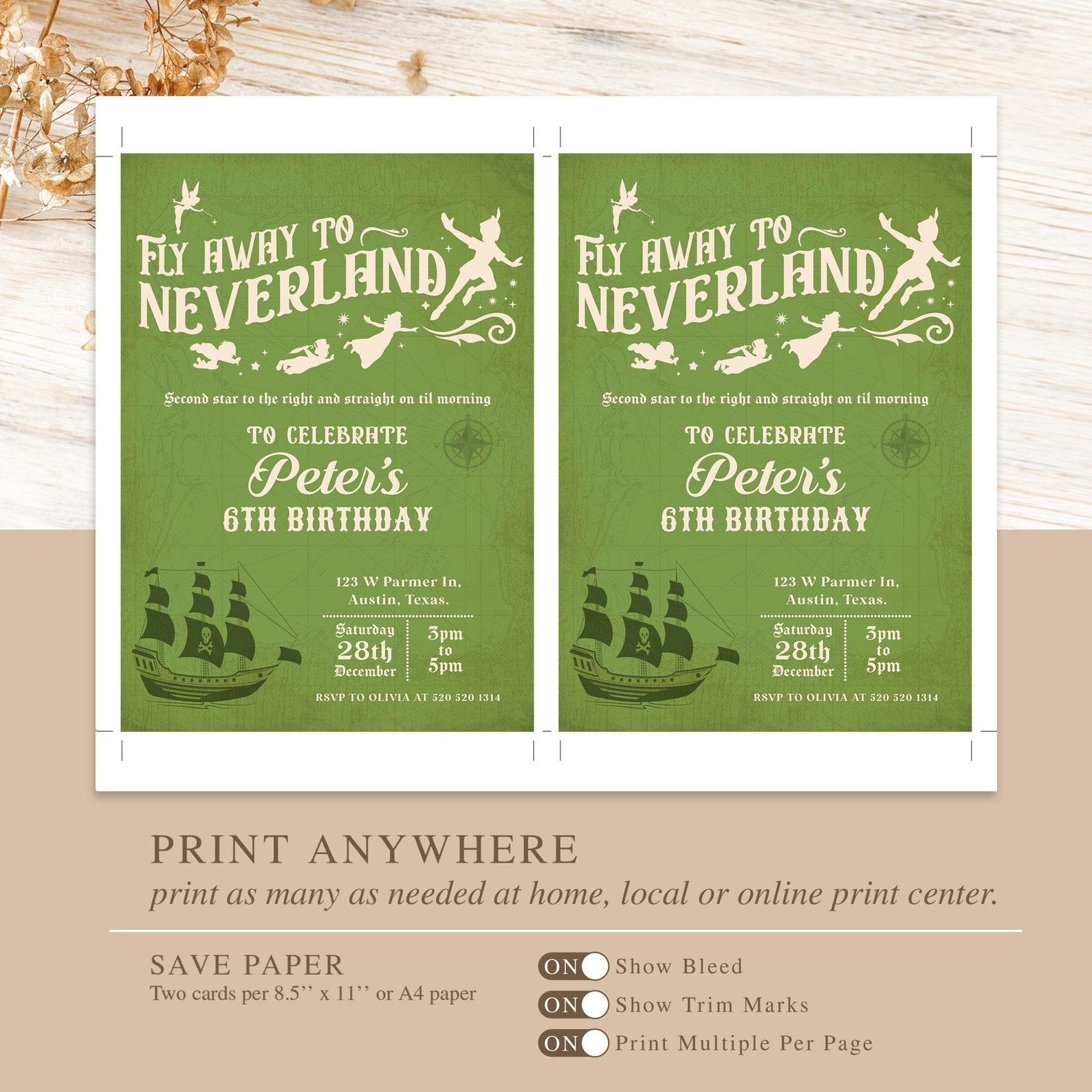 Peter Pan Birthday Invitation, Neverland Birthday Invitation, Never ...