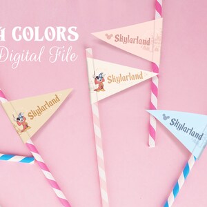 Editable Name Disneyland Cupcake Topper, Mickey Straw Flags, Disney ...