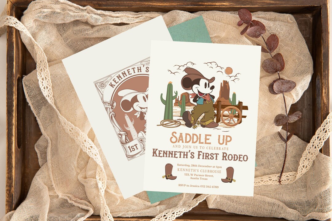 Mickey First Rodeo Birthday Invitation, Mickey Cowboy Birthday ...