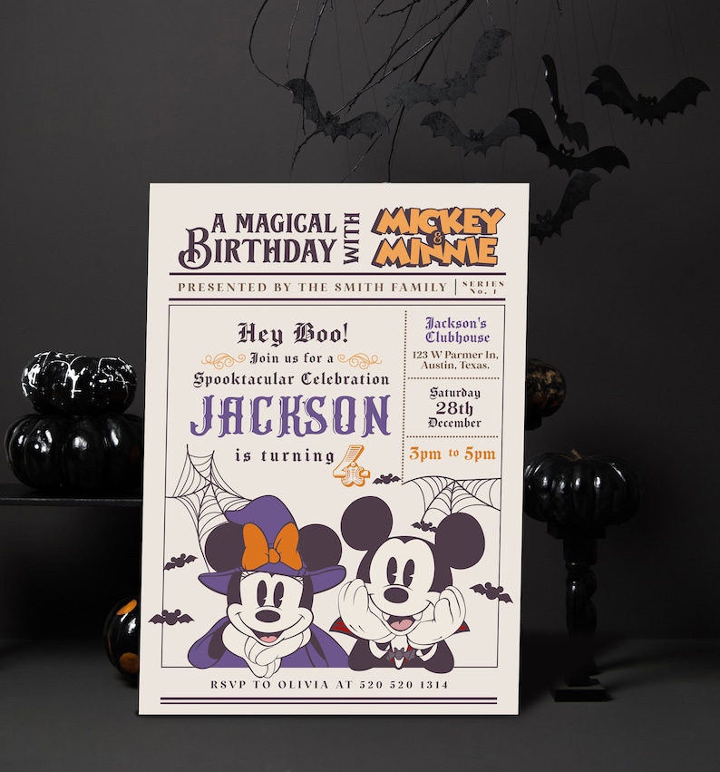 Editable Mickey & Minnie Halloween Birthday Invitation, Mickey ...
