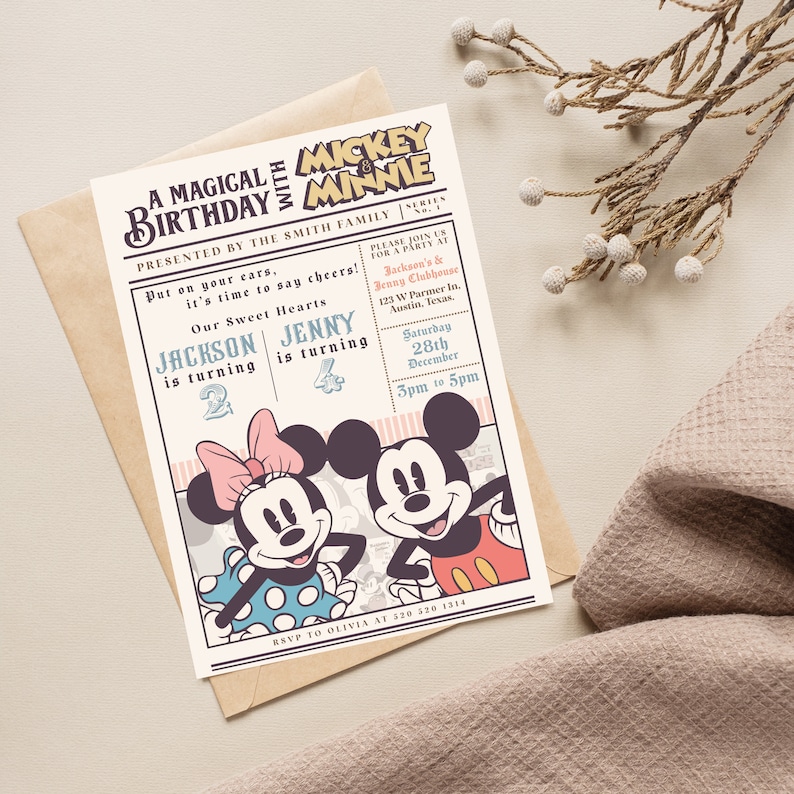 Editable Mickey & Minnie Siblings Birthday Backdrop, Mickey and Minnie ...