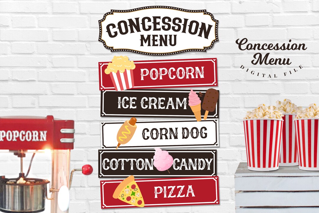 Printable Concession Menu, Snack Bar Menu, Movie Birthday, Movie Night ...