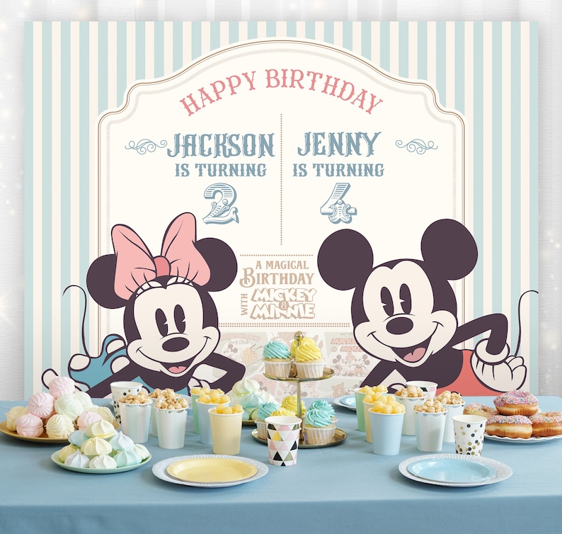 Editable Mickey & Minnie Siblings Birthday Backdrop, Mickey and Minnie ...