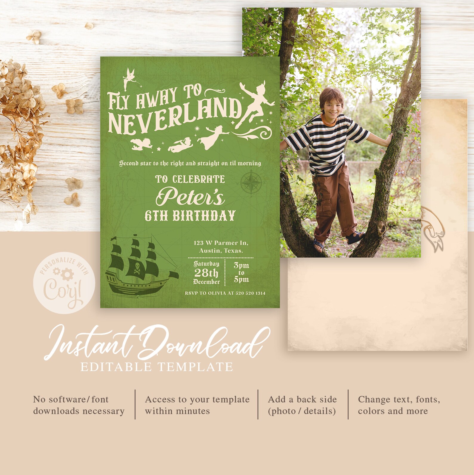 Peter Pan Birthday Invitation, Neverland Birthday Invitation, Never ...