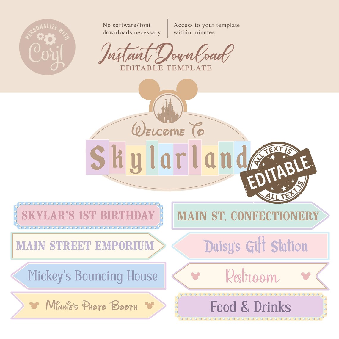 Editable Disneyland Party Directional Sign, Mickey Birthday, Happiest ...