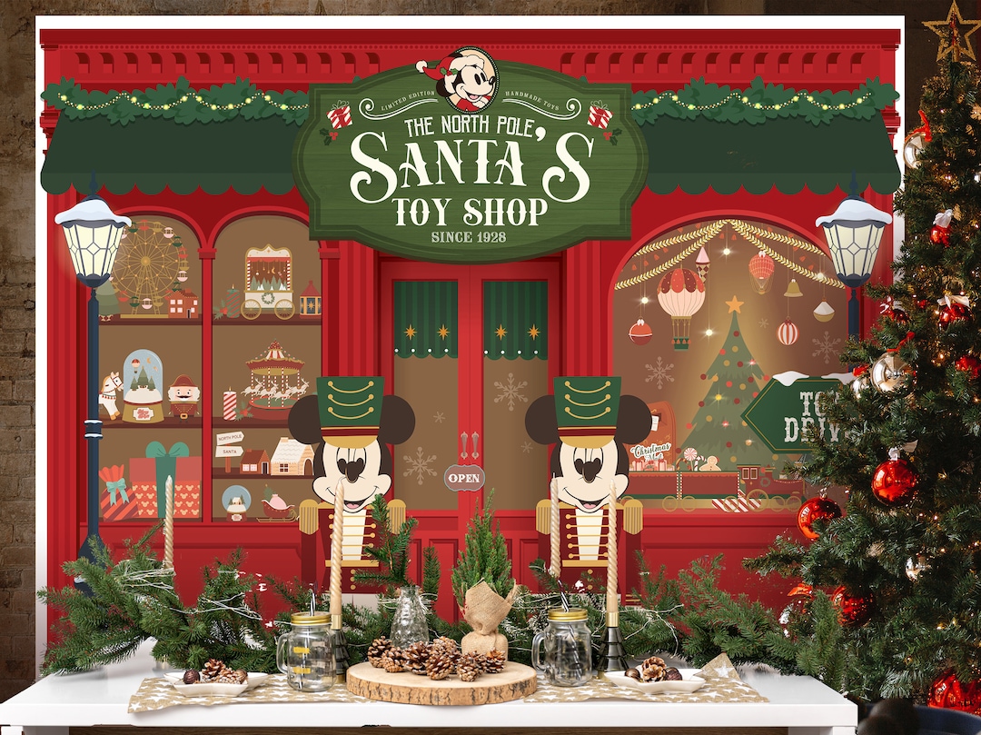 Editable Mickey Santa's Toy Shop Backdrop, North Pole Birthday Party ...