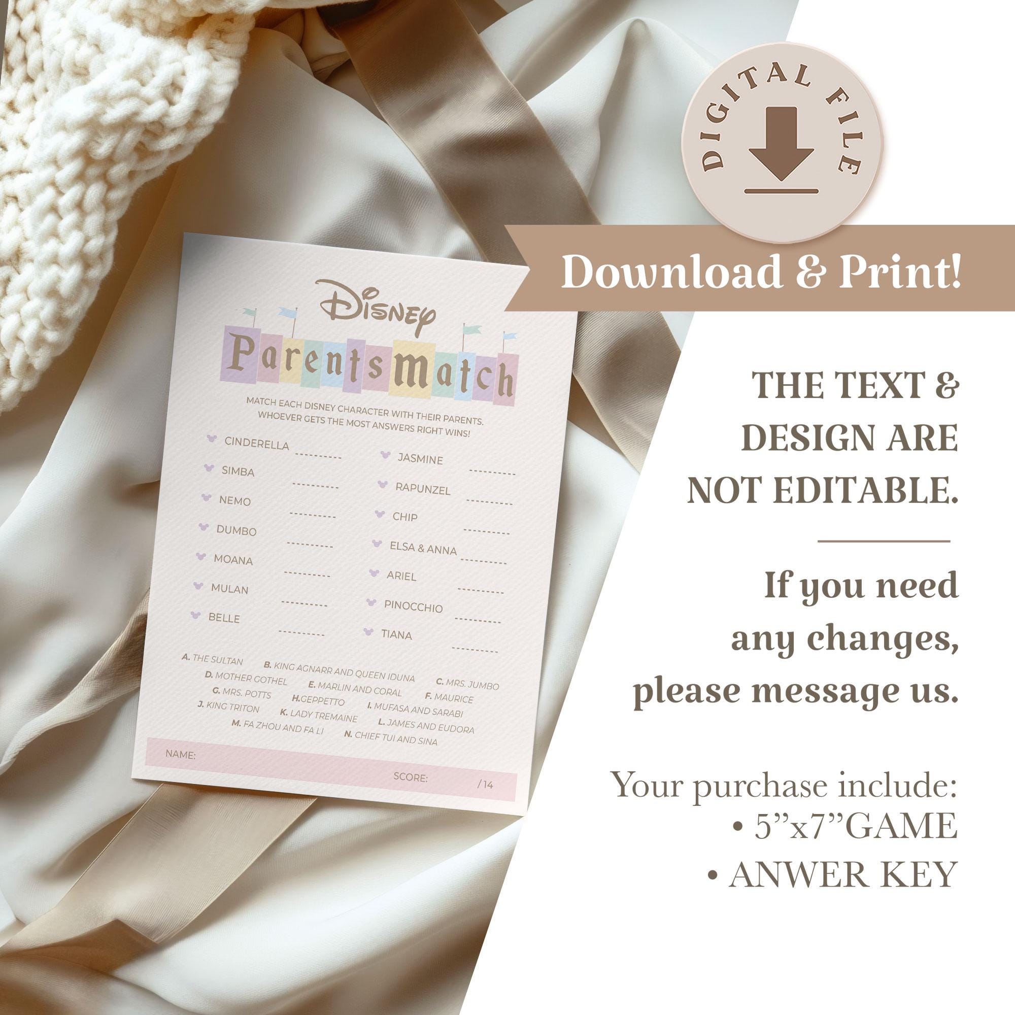 Printable Disney Parents Match, Babyland Baby Shower Games, Disneyland ...