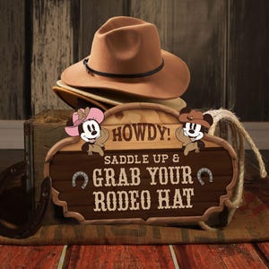 Printable Mickey & Minnie Grab Your Rodeo Hat Sign, Cowboy Mickey ...