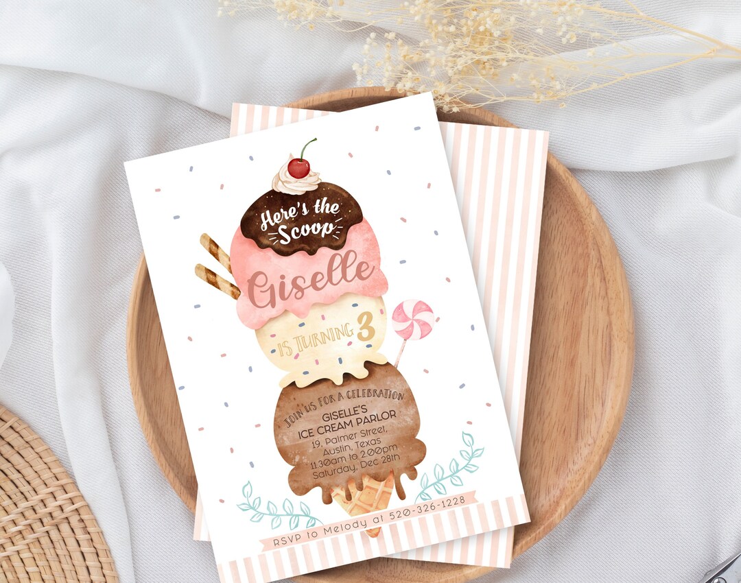 Ice Cream Birthday Invitation, Here's the Scoop Invitation, Optional ...